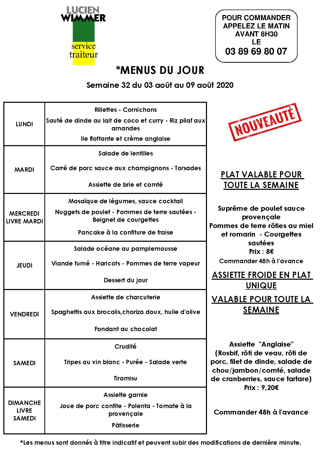 Le menu de la semaine – Traiteur Wimmer Hésingue